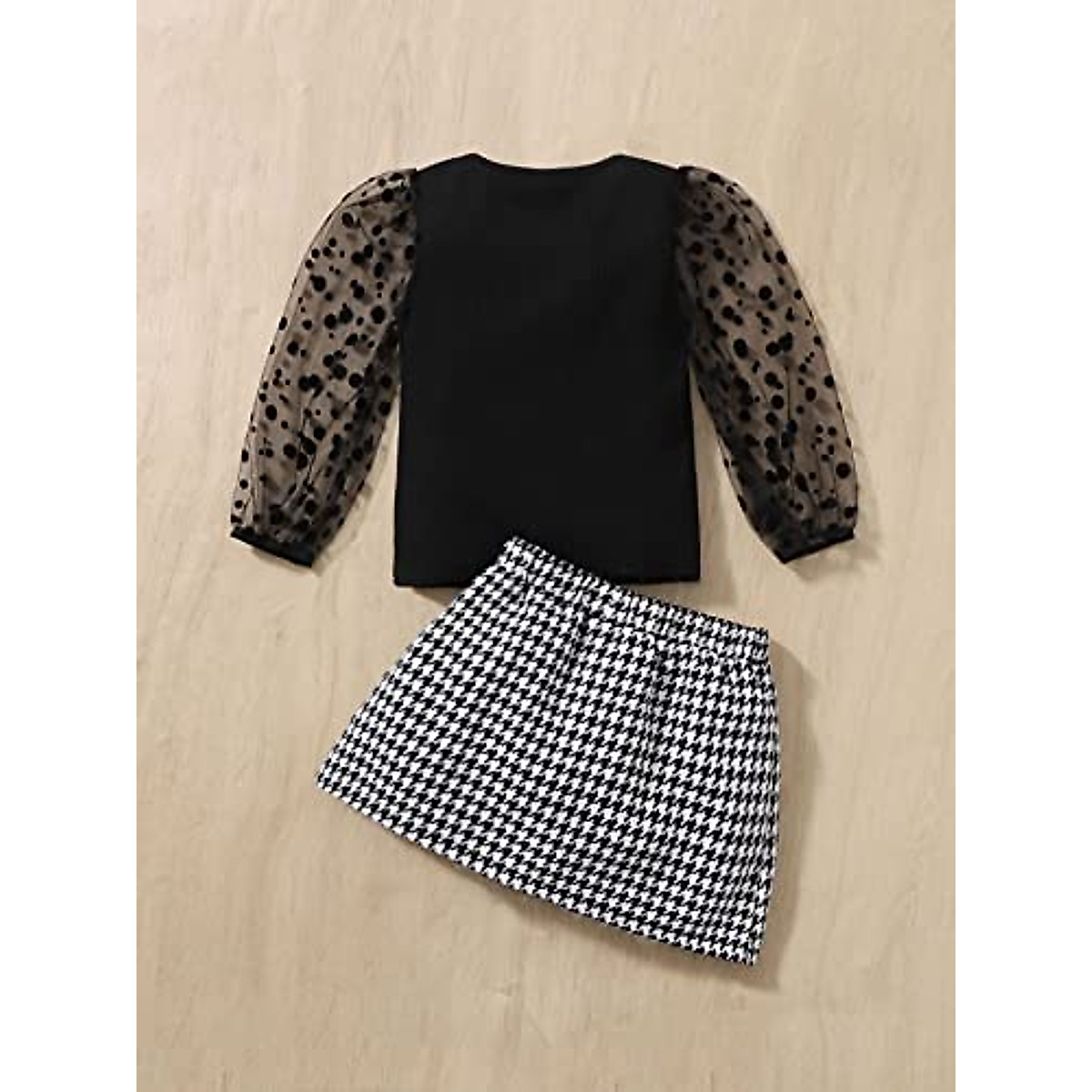WDIRARA Toddler Girl's 2 Piece Outfits Polka Dots Mesh Top and Houndstooth Print Skirt Set Black and White 6-9M