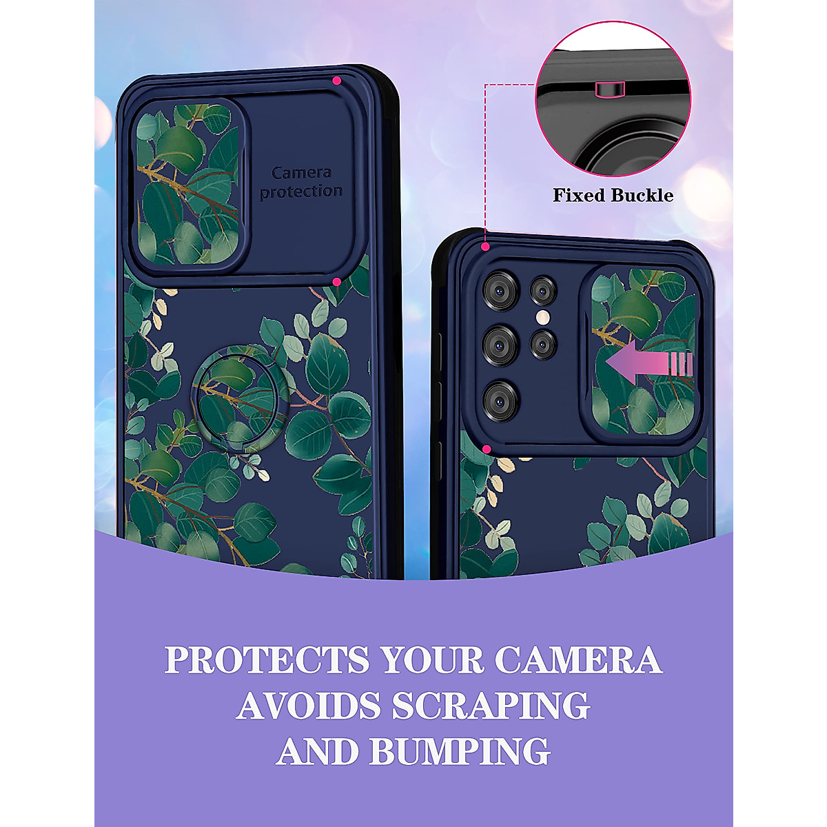 Goocrux (2in1 for Samsung Galaxy S21 Ultra Case Floral for Women Girls Girly Phone Cover Cute Leaves Plants Design with Slide Camera Cover+Ring Holder Fashion Unique Green Cases for S21 Ultra 6.8''