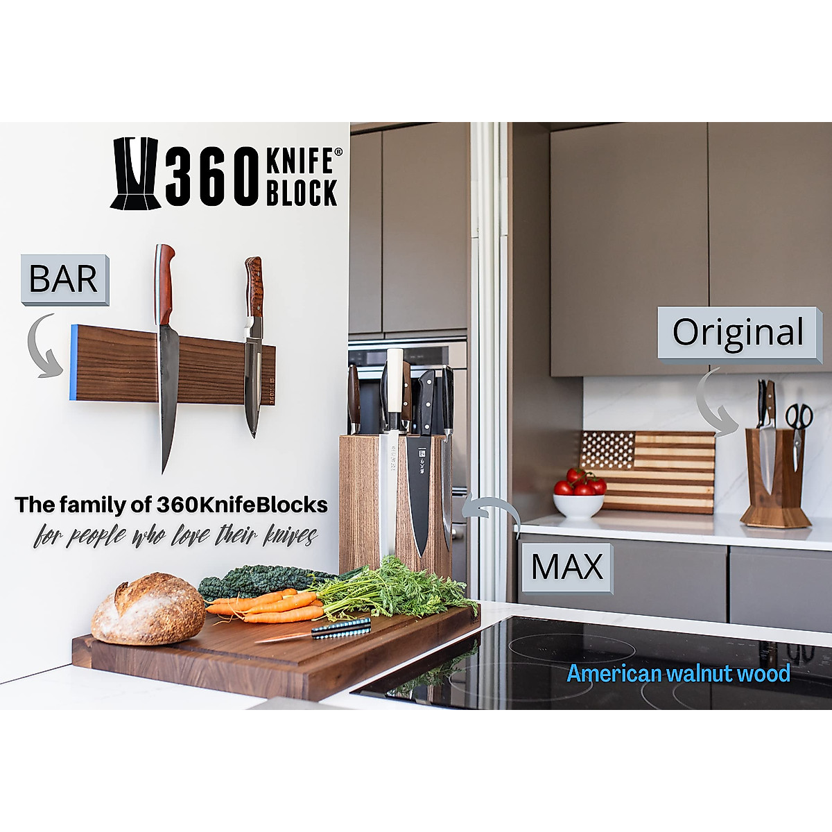 360 Knife Block MAX - (walnut) rotating, magnetic, knife block - NOW w/top slots - capacity for 20+ knives & 12" blades (Walnut wood)