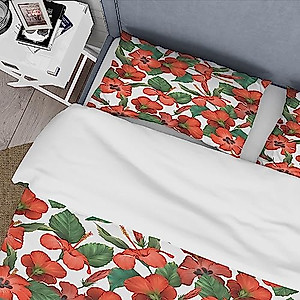DESIGN ART Designart 'Tropical Red Hibiscus Flowers with Green Leafs On White' Traditional Duvet Cover Set King