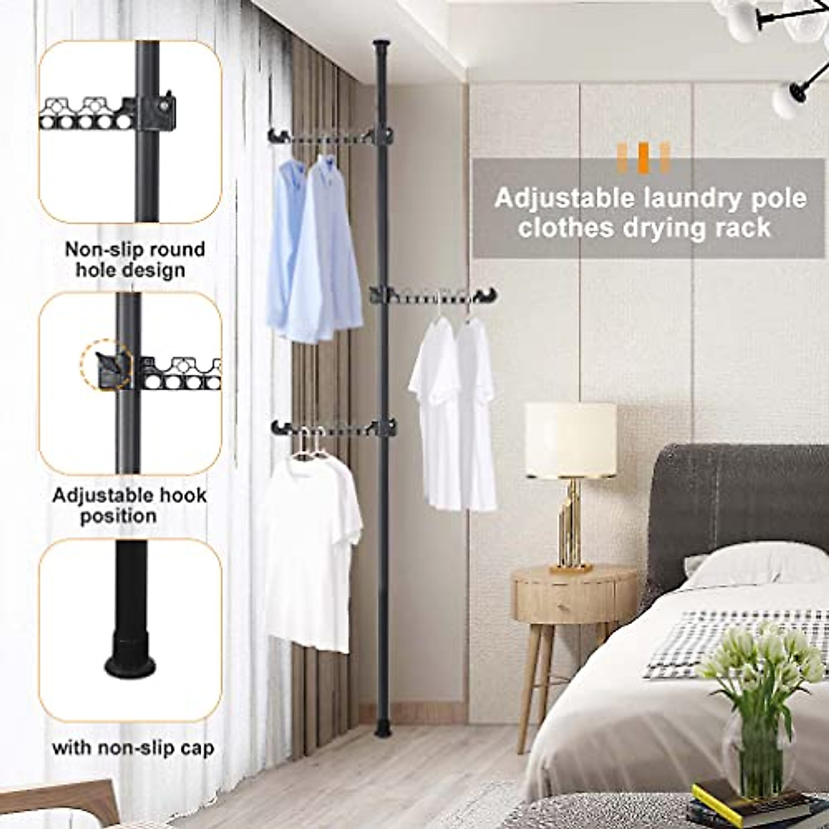 Hershii Telescopic Clothing Rack for Hanging Clothes Laundry Tension Pole 4 Tiers Coat Tree Garment Drying Stand Floor to Ceiling Corner Storage Organizer Holder for Indoor, Balcony - Black