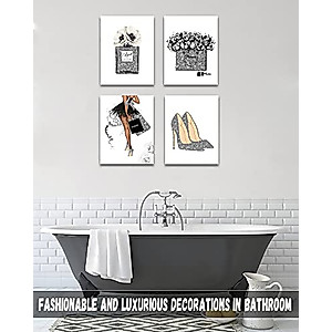 Glam Gray Fashion Wall Decor - Woman Makeup Framed Wall Art - Silver Girly Room Decor - Beauty Room Decor Pictures Arts for Office Bedroom Bathroom Wall Decor - Perfume Handbags High Heels Lipstick Wall Paintings Set of 4, 8x10 in (Framed)