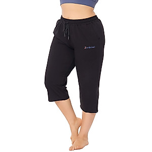 ZERDOCEAN Women's Plus Size Active Yoga Lounge Indoor Jersey Capri Walking Crop Pants Pockets Drawstring Black 2X