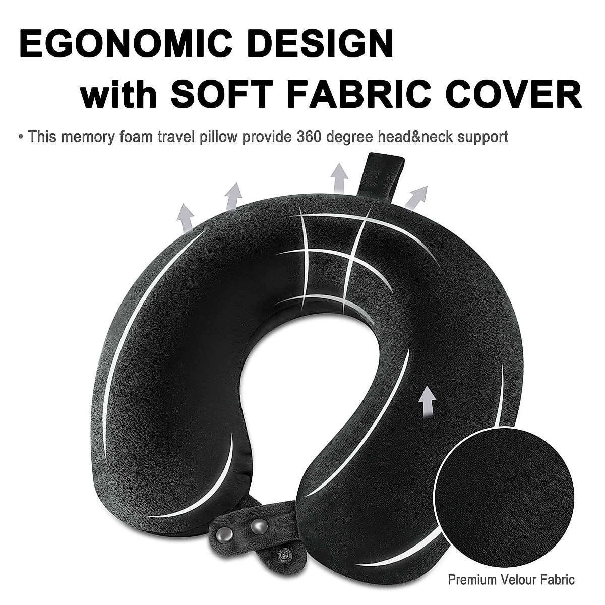 urnexttour Travel Neck Pillow Airplane, Soft Memory Foam Support Head Neck Chin, with Removale Cover and Adjustable Snap Button, Comfortable Sleeping in Plane Car Train Traveling Office Home, Black
