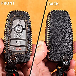 YONUFI for Ford Key Fob Cover Keychain Leather Car Smart Key Case Protector Holder Compatible with 2017-2024 Bronco Escape Mustang Explorer F150 F250 F350 Fusion Edge (Black)