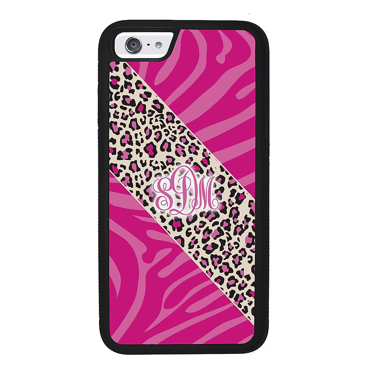 Pink Monogram Leopard and Zebra Monogram Black Rubber Phone Case Compatible with Apple iPhone 15 Pro Max Plus, 14 Pro Max Plus, 13 Pro Max Mini, 12 Pro Max Mini, 11, X XS Max, XR, 8 7 Plus