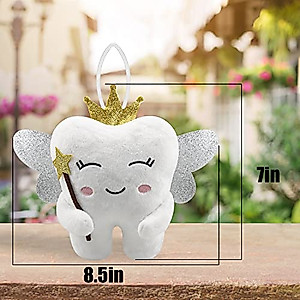 Tooth Fairy Pillow with Shiny Wings Embroidered Tooth Fairy Doll with Pocket Crystal Velvet Tooth Fairy Souvenir Boy Girl Gift (White) (White)