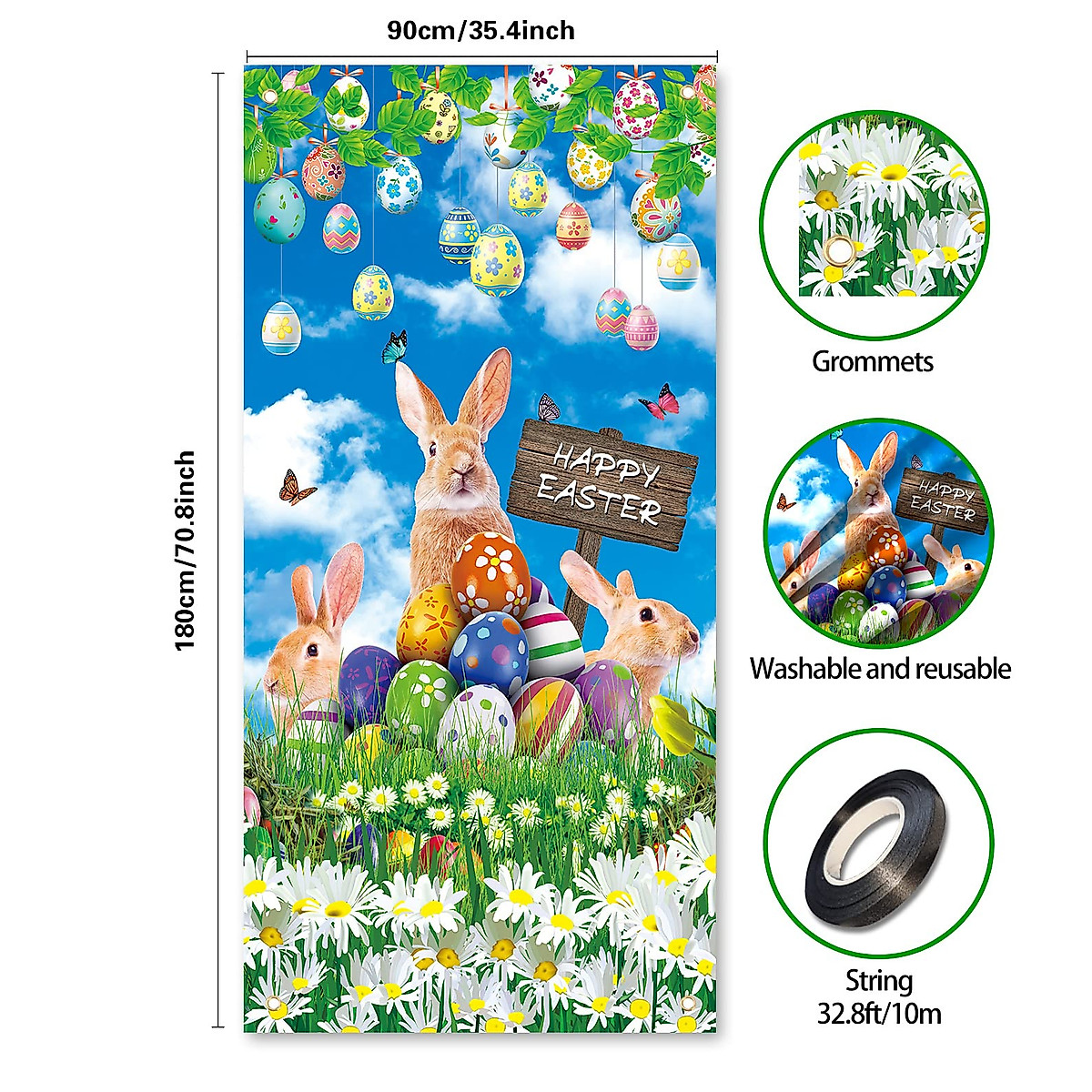 2023 Happy Easter Eggs Bunny Door Banner 3x6ft Spring Sky Grassland Flower Door Cover Banner Child Baby Shower Party Outdoor Yard Porch Sign Decoration
