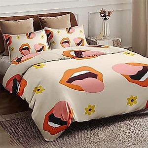 Duvet Cover Queen Size, Retro 70S Red Woman Bedding Set with Zipper Closure for Kids and Adults, Love Sexy Pink Comforter Cover with 2 Pillow Shams for Bedroom Bed Decor