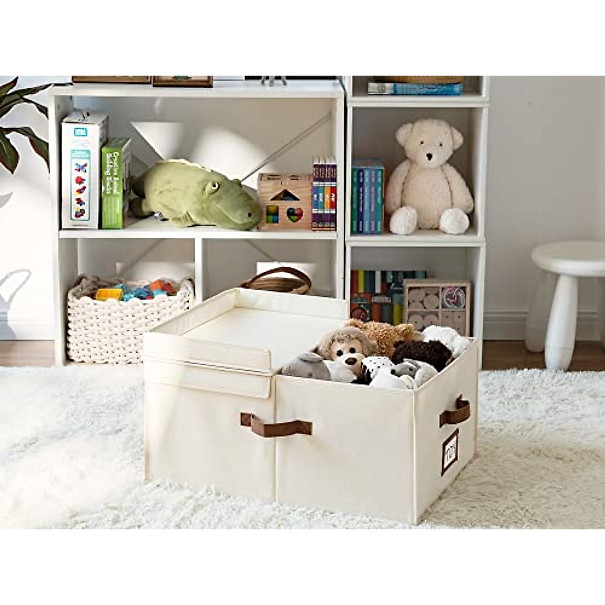 StorageWorks 55L Storage Bin, Decorative Closet Storage Box with Double-Open Lid, Divider Board and 3 PU Handles, Hand Wash, Canvas, Ivory White, Extra Large