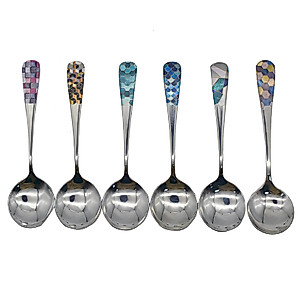 Pinenjoy 6pcs Round Head Soup Spoons with Fashion Printing Pattern 6.22inch Tablespoon 18/10(304) Stainless Steel Korean Spoons for Rice Dessert Tea Coffee Bouillon