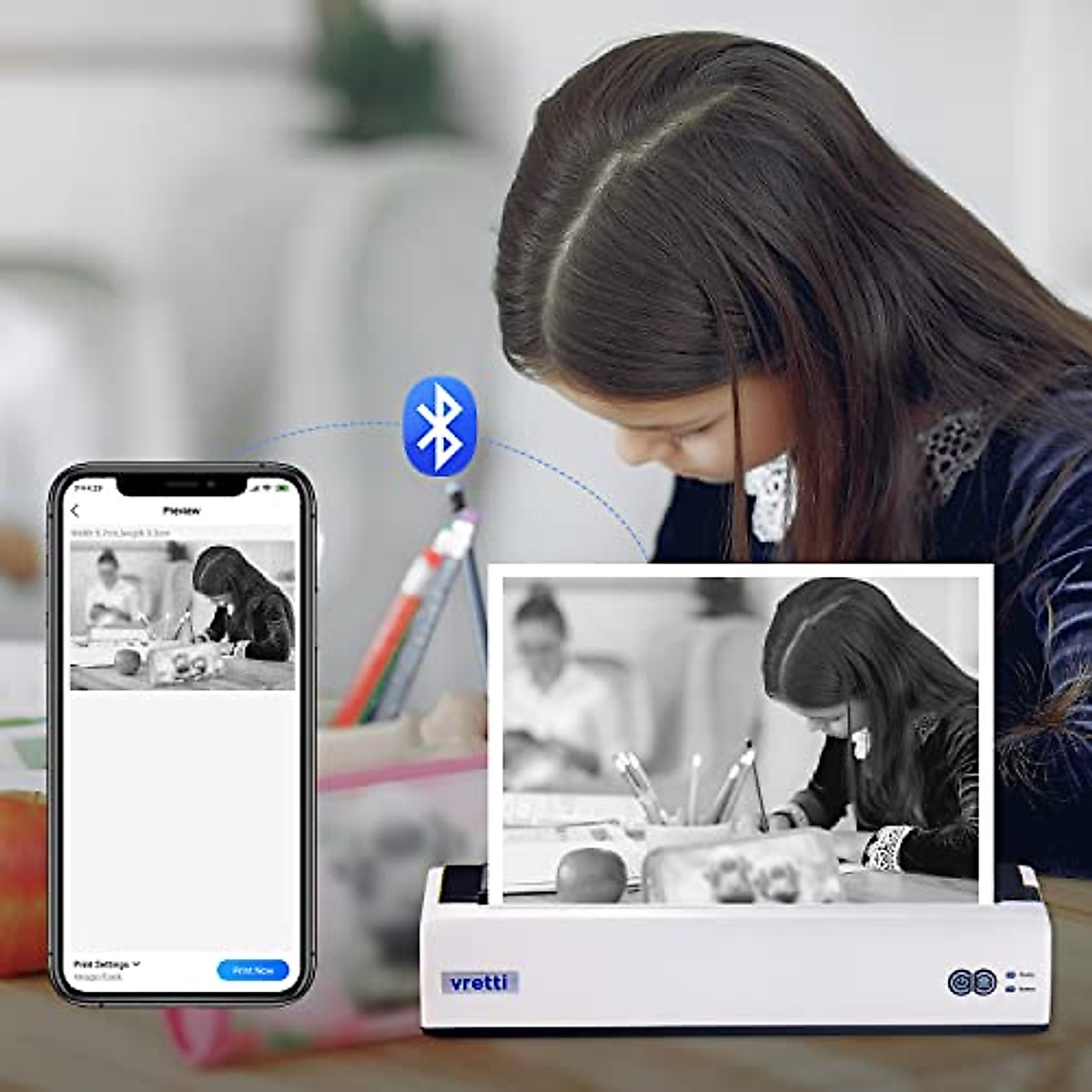 vretti A4 Wireless Bluetooth USB Portable Printer Compatible with Android and iOS Phone Support 8.5×11 Inches Thermal Paper for Outdoors Home Office Travel Students and Cars Printing