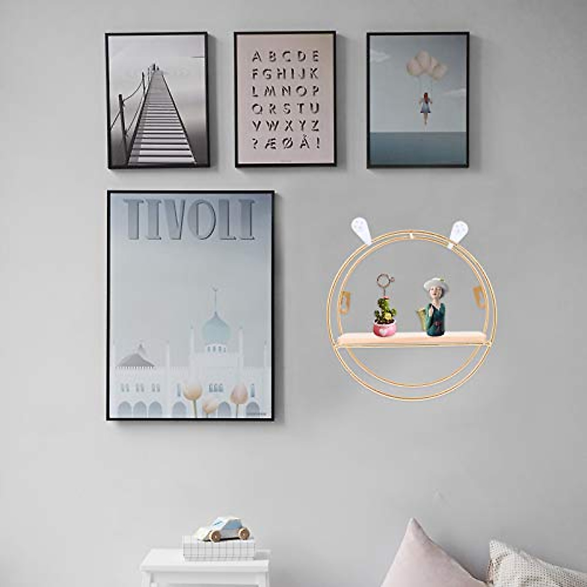 Cabilock 1pc Shelf Book Wood Sculpture Holder Rack Durable Metal Wire Vase Art Golden Wall-Mounted Wrought Room Bathroom Entryway Home Style Round Living Storage Rustic Plant Key Mounted