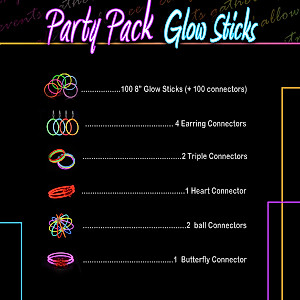 210 PCS Colorful Glow Sticks Party Pack - 100 8' Glow Sticks, 100 Connectors, Fun Accessories - Party Supplies - Glow The Dark Glowing Sticks Fun Party Pack with 8" Glowsticks, Connectors For Weddings