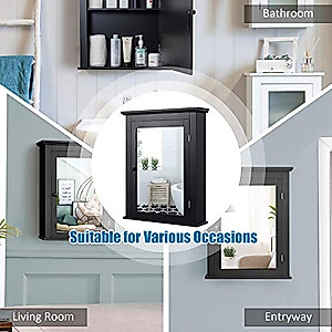 Tangkula Bathroom Cabinet with Mirror, Mirrored Wall-Mounted Storage Medicine Cabinet with Single Door & Adjustable Shelf in 5 Positions, Multipurpose Wall Cabinet for Bathroom Vestibule (Black)
