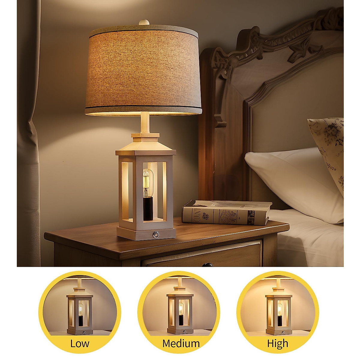 G-SAFAVA 23.75" Retro Farmhouse USB C+A Ports Table Lamp Set of 2 with 3 Way Dimmable Touch Control White Nightlight Vintage Modern Lamp for Living Room Bedroom with 2 Light Sources