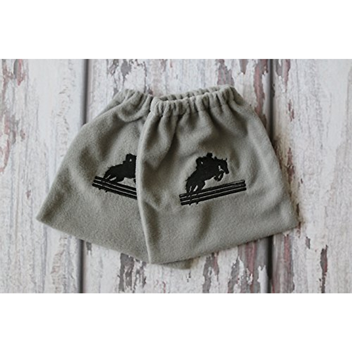 English Stirrup Covers, Stirrup Bag, Equine Iron Covers, Elastic Closing, Gray, Embroidered Jumping Horse and Rider