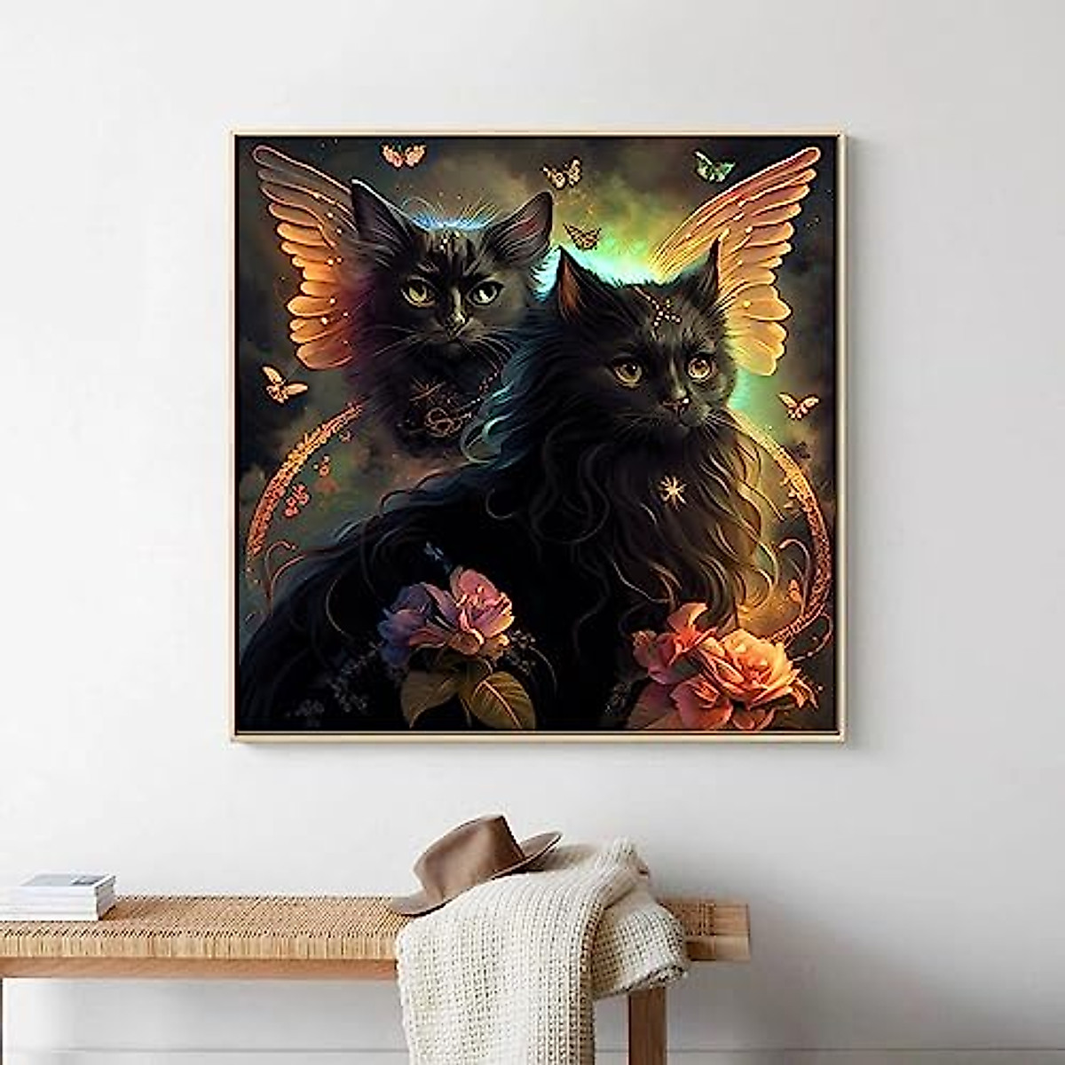 Black Cat Angel Wing Resin DIY 5D Diamond Painting Kits, Full Round Crystal Rhinestone Mosaic Abstract Scenery Diamond Art Gem Dots Craft for Home Wall Art Kit Decoration 30x30cm
