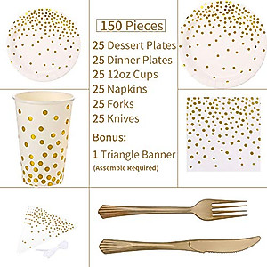 White and Gold New Year Eve 2025 Party Supplies 150PCS Golden Dot Disposable Party Dinnerware Includes Paper Plates, Napkins, Knives, Forks, 12oz Cups, Banner, for Bridal Shower, Wedding, Serves 25