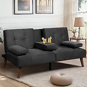 Meilocar Futon Sofa Bed Velvet, 60" Loveseat Futon Sofa Bed with Removable Armrests, Adjustable Recliner Guest Bed Daybed Sofa for Small Space with Cup Holders, 3 Angles, Black