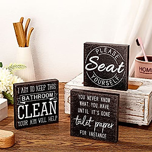 3 Pcs Funny Bathroom Signs Farmhouse Restroom Decor Accessories Rustic Wood Bathroom Decorations Black and White Bathroom Decor Wall Art Shelf Toilet Decor Wooden Box Signs for Home (Elegant Style)