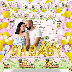 Classic Winnie Backdrop with Balloons Arch Kit for Girls Newborn Baby Shower Pink the Pooh Bear Themed Birthday Party Decorations 5x3ft Photography Background Tablecloth Banner Party Supplies