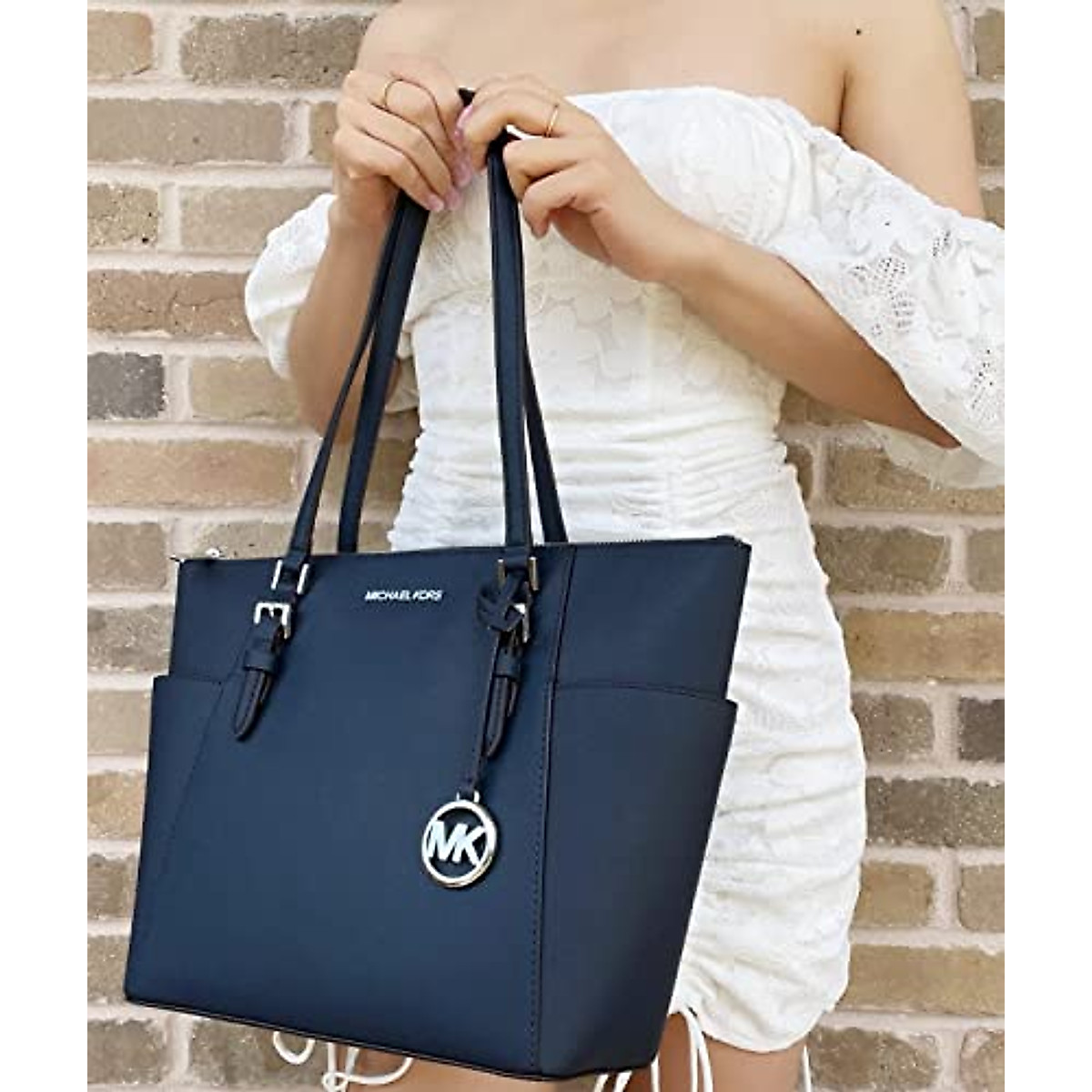 Michael Kors Charlotte Large Top Zip Tote (Navy/Silver Hardware)
