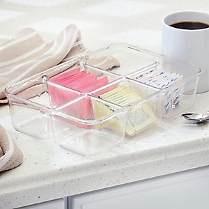 iDesign Divided Packet and Tea Bag Organizer for Kitchen Cabinets and Countertops, The Linus Collection - 6.5" x 9.5" x 2.25" - Clear
