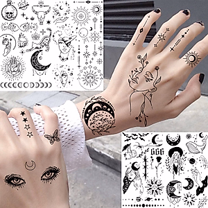 Shegazzi 28 Sheets 220+ Minimalism Temporary Tattoos - Moon, Sun, Stars, Snakes, Flowers for Women, Men, Adults, Kids