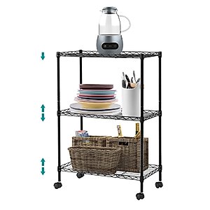 Doredo 3 Tier Adjustable Wire Shelf with Wheels, 3 Tier Mobile Metal Storage Shelves, Black Wire Rack Shelving Unit, 200Lbs Capacity, 10" D X 20" W X 28" H, for Kitchen, Pantry, Laundry