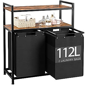 EnHomee laundry Basket 112 L Large Double Laundry Hamper with Shelf Laundry Sorter 2 Section with Removable Bags Organizer Clothes Hamper for Laundry