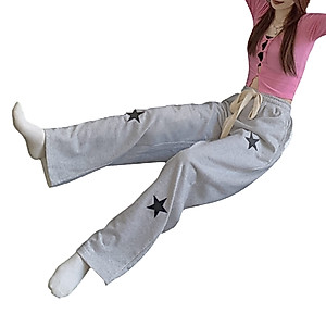 NZNDSHD Women Streetwear Sweatpants Drawstring Elastic Waist Loose Wide Leg Joggers Y2k Star Print Pants Harajuku Trousers (Grey, M)