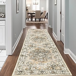 ManzunLiving Runner Rug 2x12, Farmhouse Hallway Runner Rug Non Slip,Kitchen Runner Rug,Washable Runner Rug for Entryway Indoor,Neutral Brown Vintage Bedroom Runner Rug