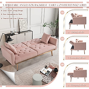 Convertible Velvet Futon Sofa Bed, Upholstered Loveseat Sleeper Couch with 3 Reclining Angles and 2 Pillows, Modern Living Room Sofa Couch with 5 Solid Metal Legs for Guest Room, Office, Pink