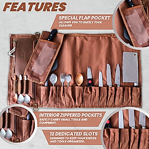 Leather Knife Roll Chef Bag Knife Storage Roll Bag 12 Dedicated Slots Interior Zipped Pocket Special Flap Pocket for Cleaver Portable Knife Bag Case Storage