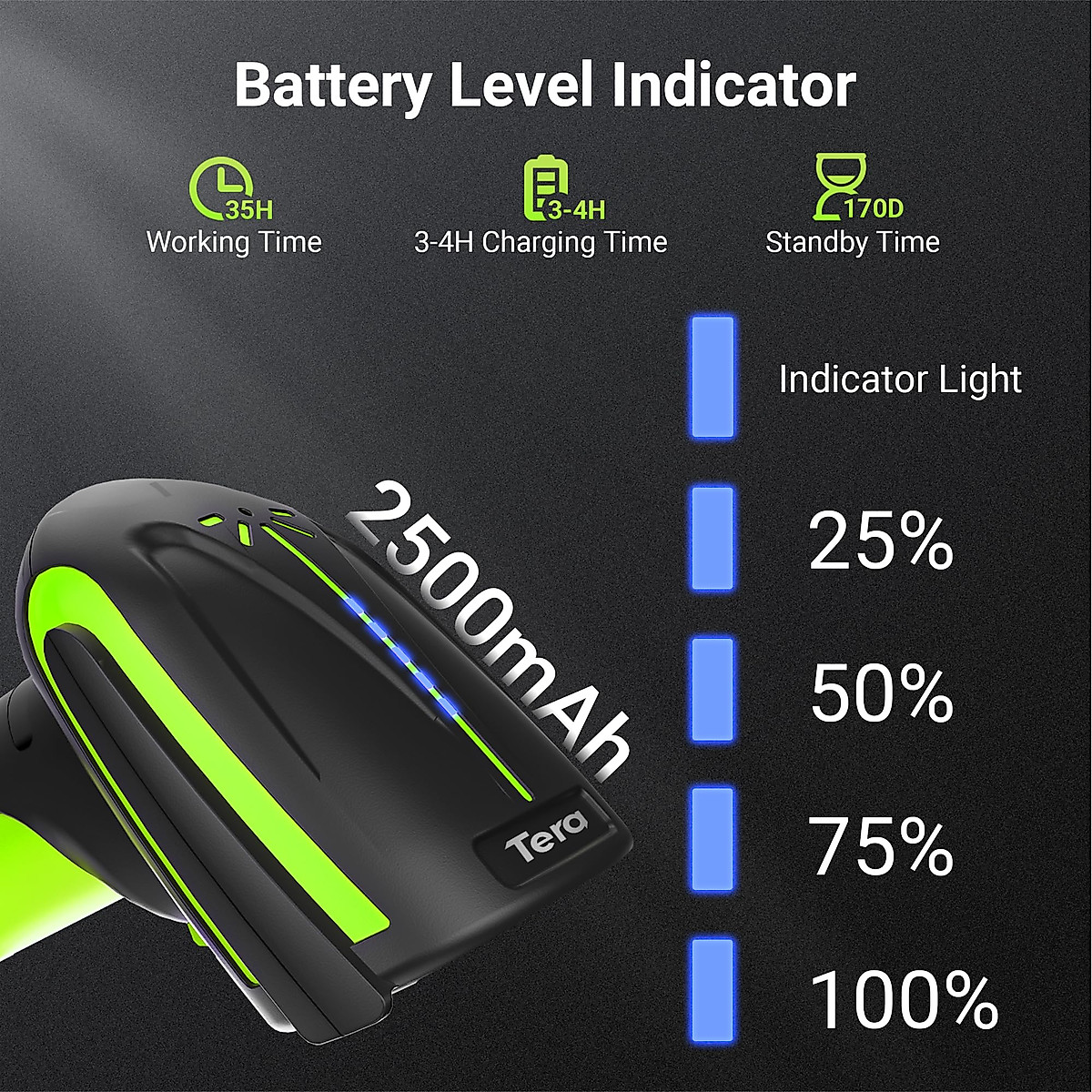 Tera Barcode Scanner Wireless 2D QR with Stand: Pro Version Battery Level Indicator 2500mAh Industrial Grade Bar Code Reader Works with Bluetooth 2.4G for Windows Mac Android iOS 8100 Pro Green