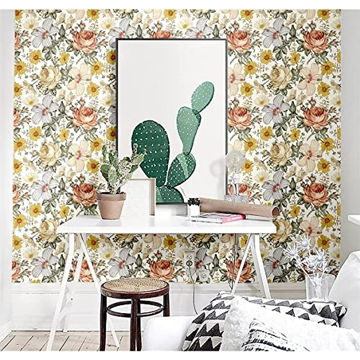 Blooming Wall Beige Multicolor Peony Daisy Peel and Stick Wallpaper Self Adhesive Wall Mural Wall Decor, 14.5 Square Ft/Roll