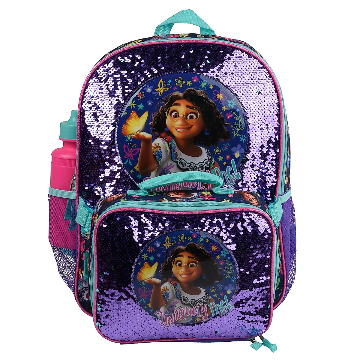 Disney Encanto Mirabel 4 Piece Backpack set, Flip Sequin School Bag for Girls with Front Zip Pocket, Mesh Side Pockets, Insulated Lunch Bag, Water Bottle, and Squish Ball Dangle
