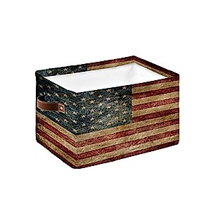 American Red Flag Cube Storage Organizer Bins with Handles, 15x11x9.5 Inch Collapsible Canvas Cloth Fabric Storage Basket, Vintage Retro Geometry Stripe Books Kids' Toys Bin Boxes for Shelves, Closet