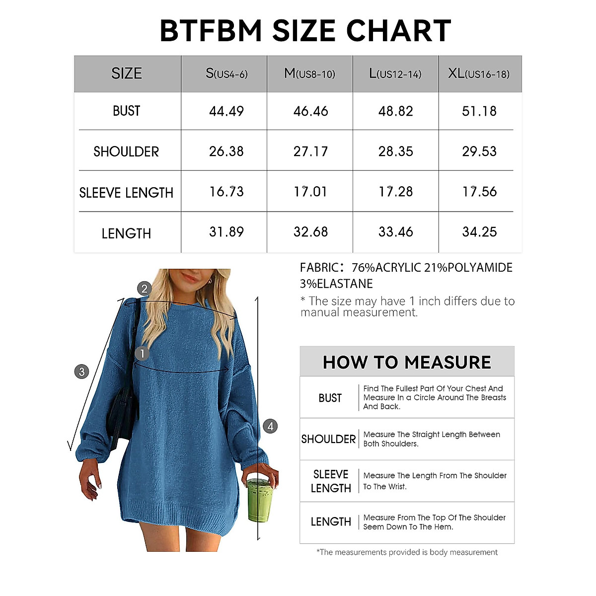 BTFBM 2025 Womens Sweaters Casual Crewneck Long Sleeve Oversized Sweater Dress Fall Winter Loose Slouchy Soft Pullover(Solid Blue, Large)