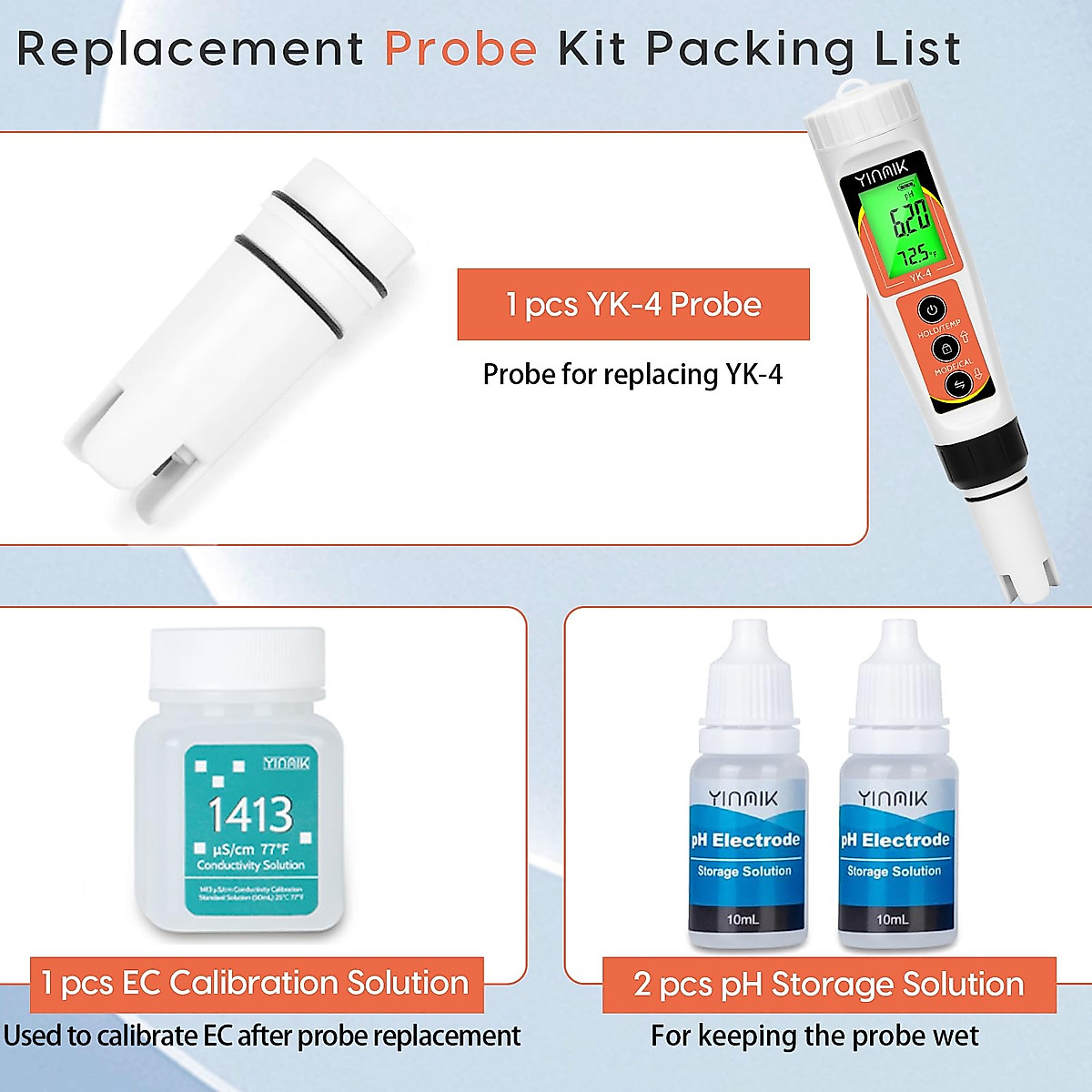 Replacement pH Probe for YINMIK YK-4 pH Meter, pH Electrode with EC Calibration Solution and pH Storage Solution