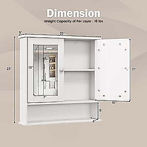 COSTWAY Bathroom Cabinet Wall Mounted - Over The Toilet Wall Storage Cabinet with 2 Mirror Doors and Adjustable Shelf, Hanging Medicine Cabinet for Bathroom, Living Room, Kitchen (White)