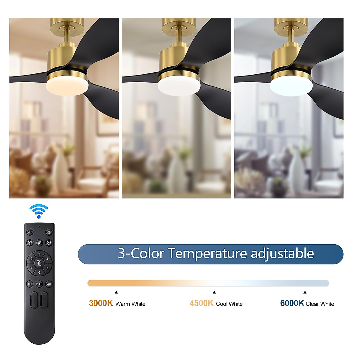 52 Inch Ceiling Fans with LED Light Remote Control, Modern Ceiling Fan with Reversible DC Motor, 3 Blades and 3 Color Temperature, LED Light Chandelier for Bedroom(Gold & Black)