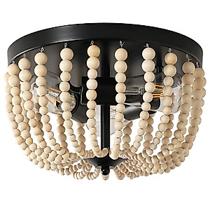 3-Light Boho Wood Bead Chandelier Ceiling Flush Mount Light Fixture,Solid Oak Natural Wood Color Chandelier for Hallway Small Room Baby's Nursery Bedroom Laundry Room Cloakroom