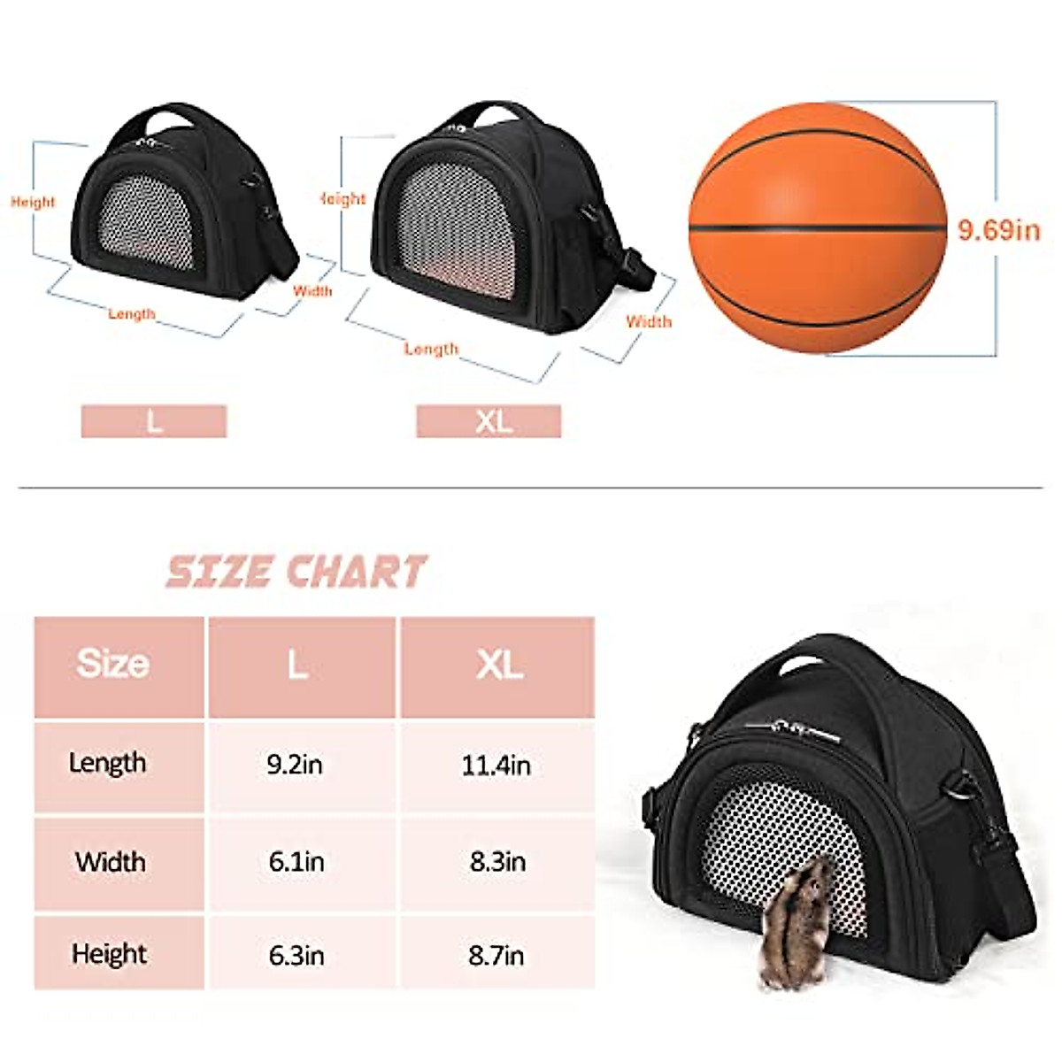 YUDODO Hamster Carrier Guinea Pig Carrier Bag Small Animal Sugar Glider Pouch Gerbil Hedgehog Portable Travel Carrier Outdoor Hangbag Flying Squirrel Rat Carrier Black