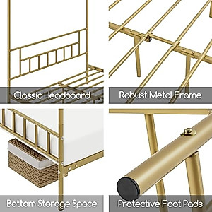 Yaheetech Canopy Bed Frames Metal Four-Poster Canopied Platform Bed with Headboard and Footboard, Sturdy Slatted Structure/Ground Clearance: 11.2" /Antique Gold/Full Bed