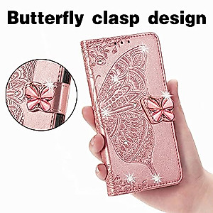 Ysnzaq Samsung Galaxy Z Fold3 5G Wallet Phone Case,3D Butterfly Embossed PU Leather Magnetic Clasp Case with Credit Card Slots Holder Cover for Samsung Galaxy Z Fold3 5G Rhinestone Rose Gold