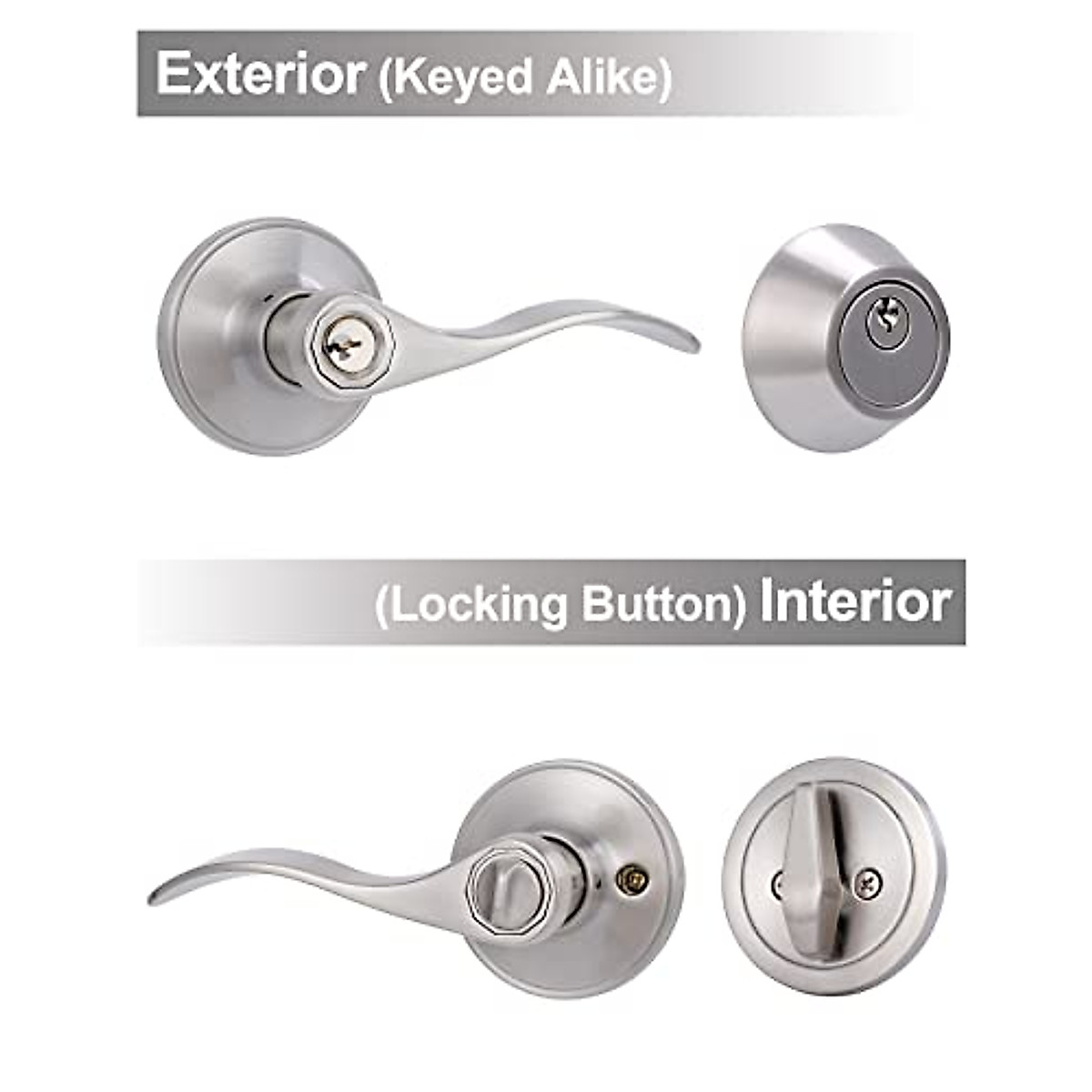 Keyed Alike Front Door Lever Lockset with Single Cylinder Deadbolt Combination Set, Exterior Door Knob with Lock and Deadbolt, Satin Nickel Finished, 2Sets