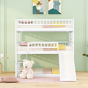 Triple Bunk Bed with Slide, Full Over Full Over Full Bunk Bed Convertible Triple Beds for Kids/Teens/Adults, White