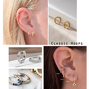 OPFIV 3 Pairs 14K Gold Plated Huggie Hoop Earrings for Women Hypoallergenic Dainty Evil Eye Multi-colors Cubic Zirconia Hoop Earrings Set Lightweight Small Tiny Hoops Jewelry